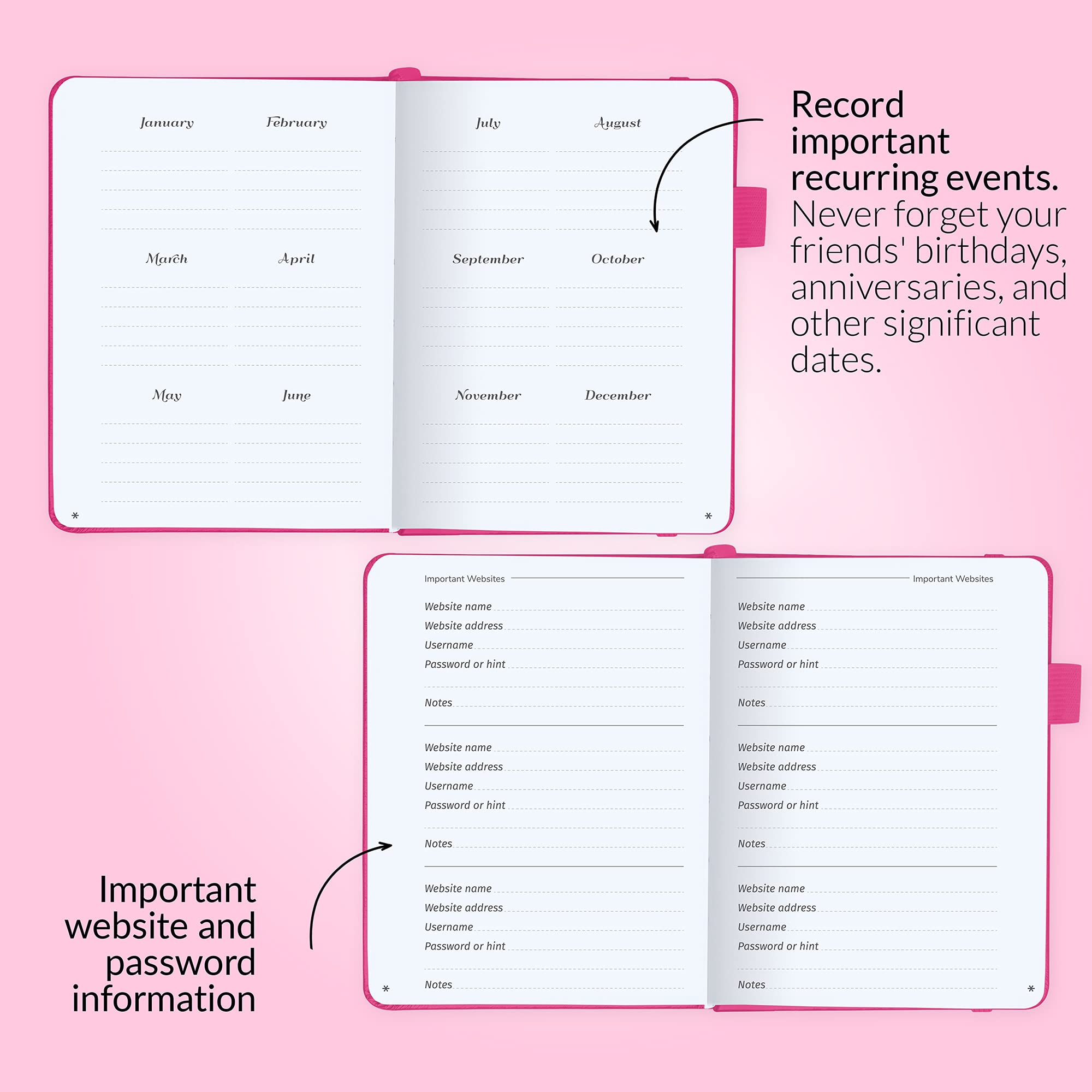 GoGirl Address Book – Telephone and Address Book with Alphabetic Tabs for Safely Storing Contacts, Small-Sized (4.0″ x 5.5″) PU Leather Hardcover – Hot Pink