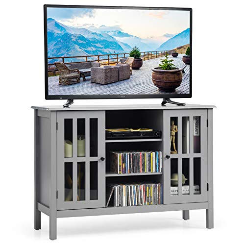 Tangkula TV Stand, Modern Tall Entertainment Center for TVs up to 50", Media Console w/2 Storage Cabinets & 3 Open Shelves, Wire Hole, Wood TV Console Table for Living Room, Grey