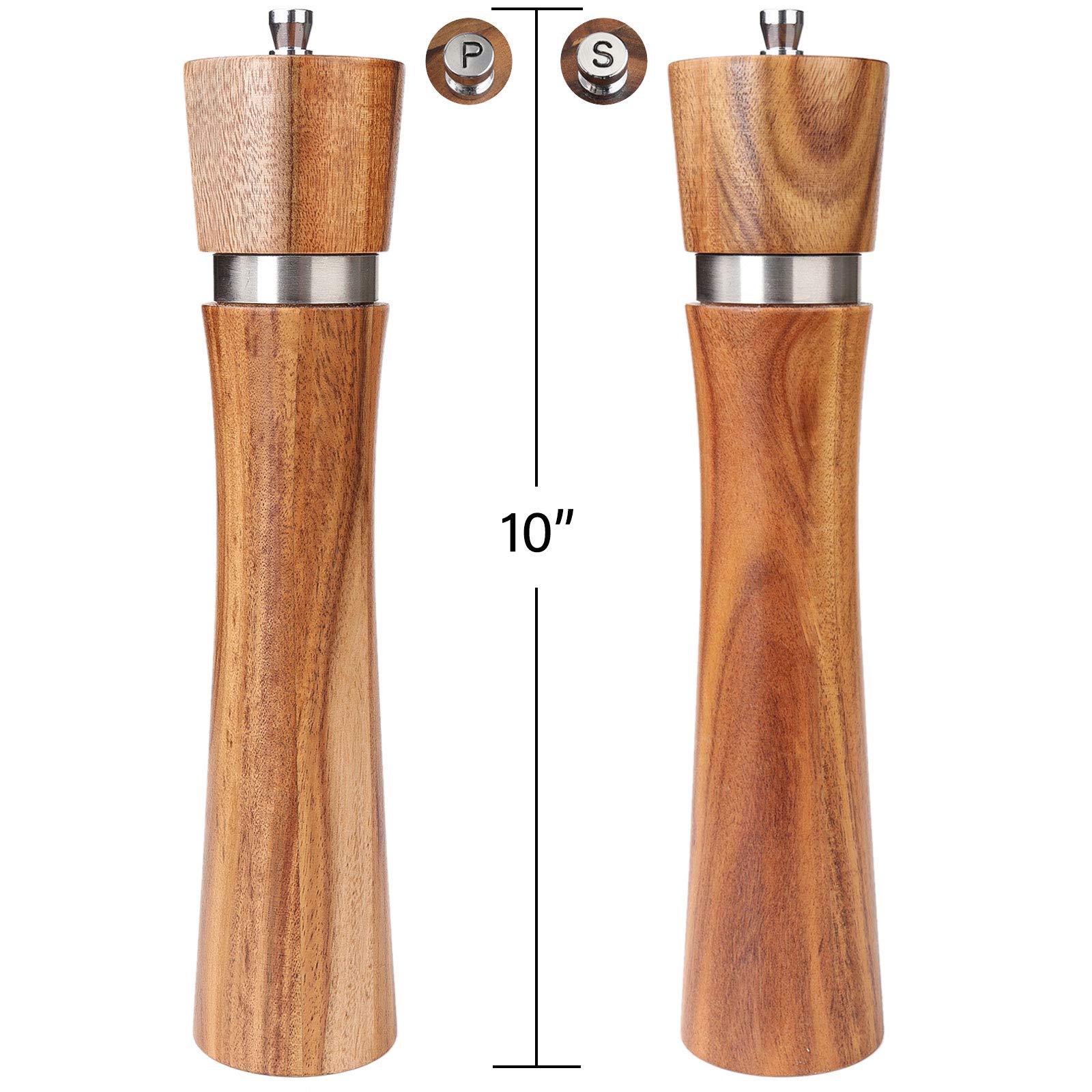 Pepper Grinder, VanlonPro Wooden Pepper Mill Salt Mill, Adjustable Coarseness Peppermill and easily refillable, Ceramic Grinding Mechanism (10 Inch, 2 Pack)