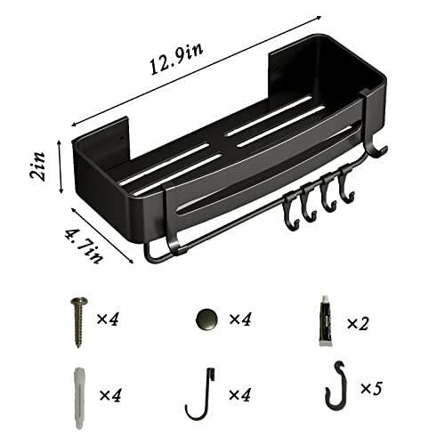 KINFAVOU Shower Caddy No Drilling, 2 Tiers - Shower Shelf for Inside Shower with Towel Bar and Hooks (Matte Black)