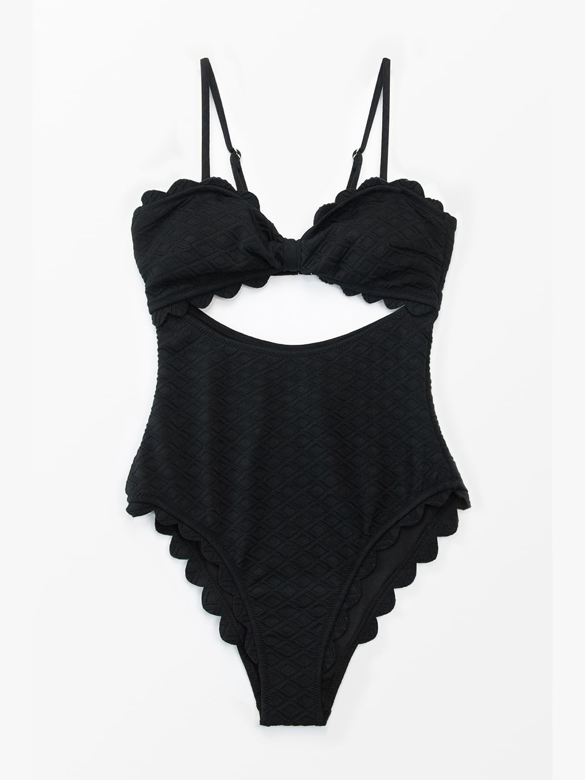 CUPSHE Women's One Piece Swimsuit Sexy Black Cutout Scallop Trim Bathing Suit, L
