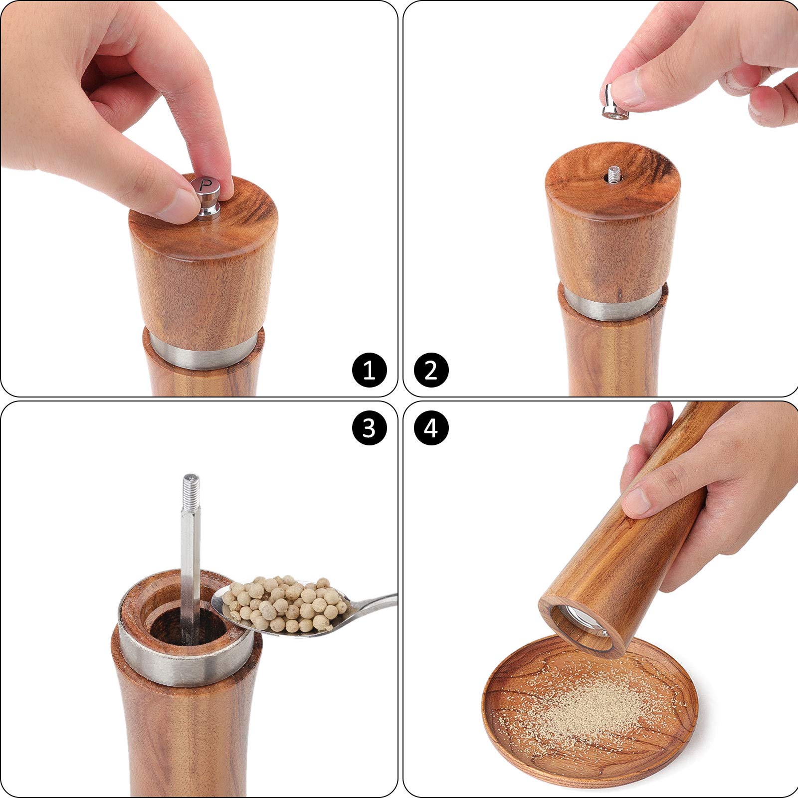 Pepper Grinder, VanlonPro Wooden Pepper Mill Salt Mill, Adjustable Coarseness Peppermill and easily refillable, Ceramic Grinding Mechanism (10 Inch, 2 Pack)