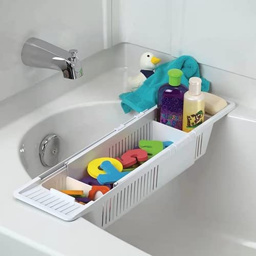 Bathtub Storage Rack Bathtub Caddy Extendable Bathtub Tray Plastic Shower Tub Storage Table Bathtub Shelf for Kids Toy Shampoo Bottle Sundries Storage Bathtub Storage Rack