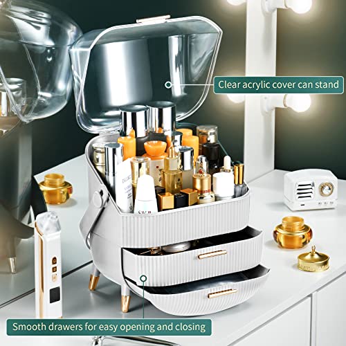 CANITORON Makeup Storage Organizer，Cosmetics Display Case with 2-Layer Storage Box and Transparent Cover, Bedroom Vanity Desk and T1-White