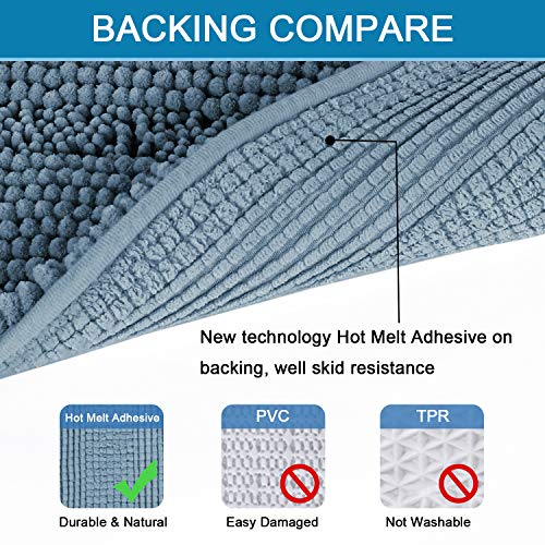 Bath Rugs for Bathroom Non Slip Bath Mats Extra Thick Chenille Striped Rug 20" x 32" Absorbent Non Skid Fluffy Soft Shaggy Washable Dry Fast Plush Mat for Indoor, Bath Room, Tub - Stone Blue