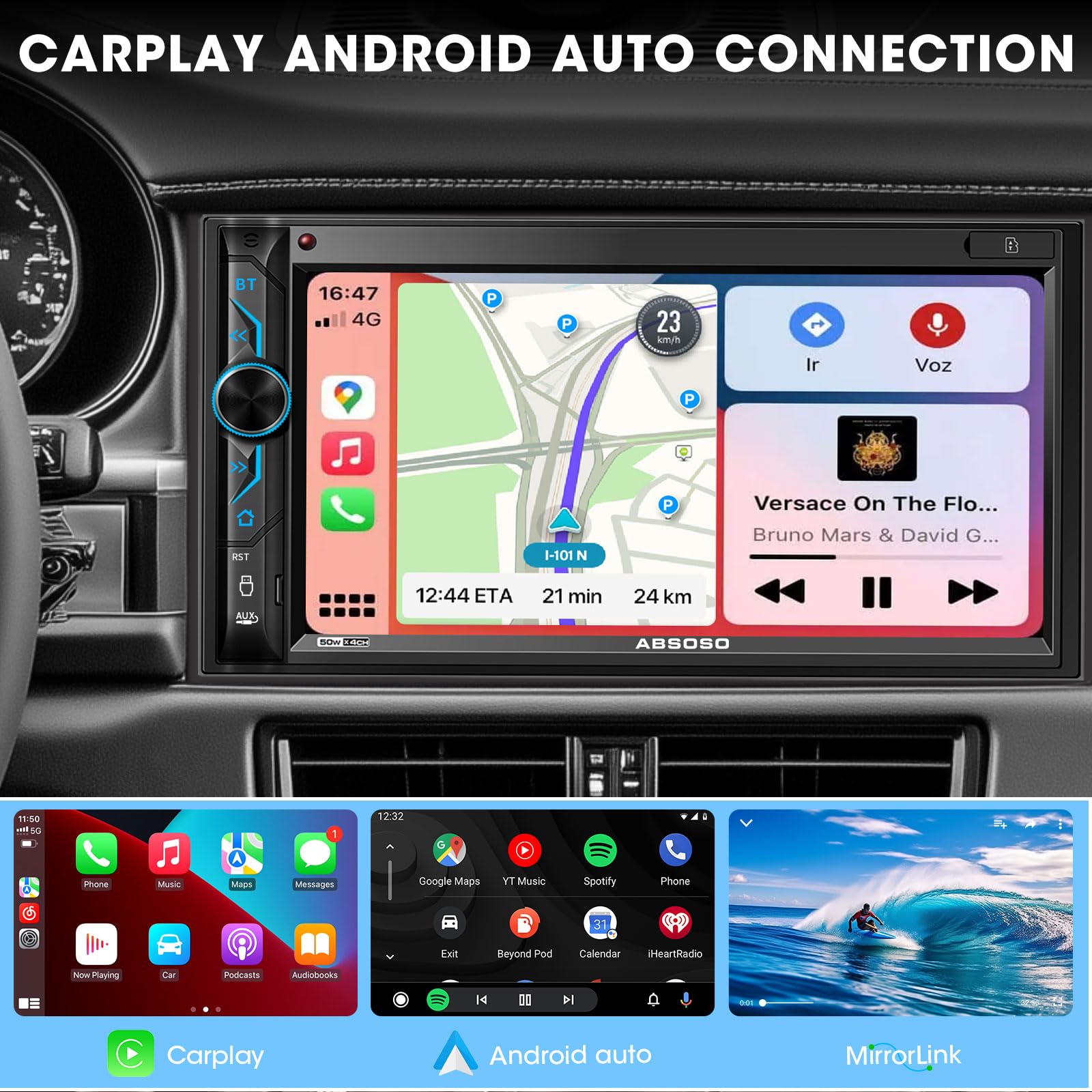 in-Dash Digital Media CarPlay Stereo - Double Din Android Auto Car Radio - 7 Inch HD Touchscreen Bluetooth Phone Link Backup Camera USB SD Aux-in AM FM Radio Wireless Remote Control