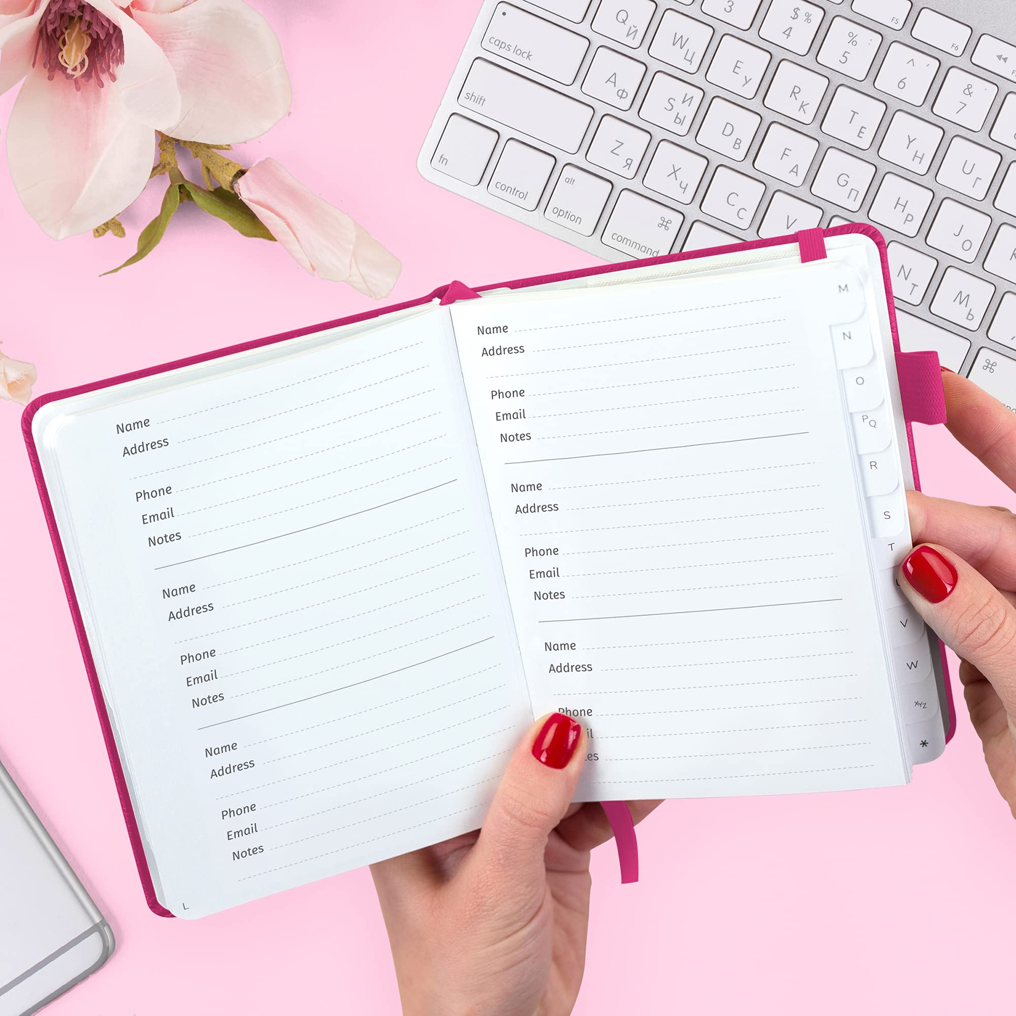 GoGirl Address Book – Telephone and Address Book with Alphabetic Tabs for Safely Storing Contacts, Small-Sized (4.0″ x 5.5″) PU Leather Hardcover – Hot Pink
