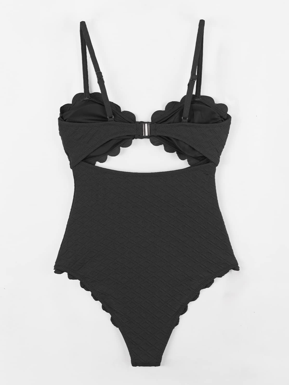 CUPSHE Women's One Piece Swimsuit Sexy Black Cutout Scallop Trim Bathing Suit, L