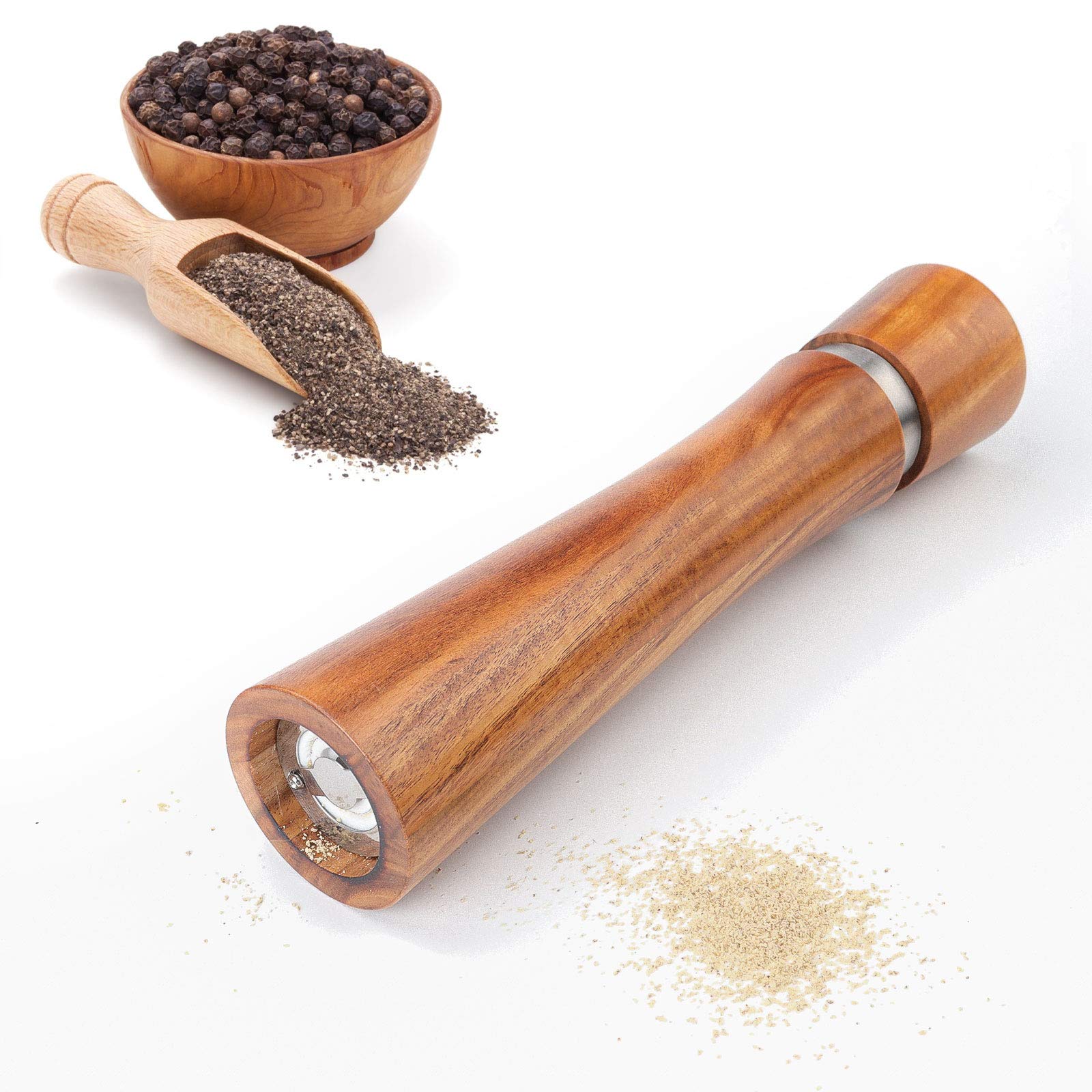 Pepper Grinder, VanlonPro Wooden Pepper Mill Salt Mill, Adjustable Coarseness Peppermill and easily refillable, Ceramic Grinding Mechanism (10 Inch, 2 Pack)