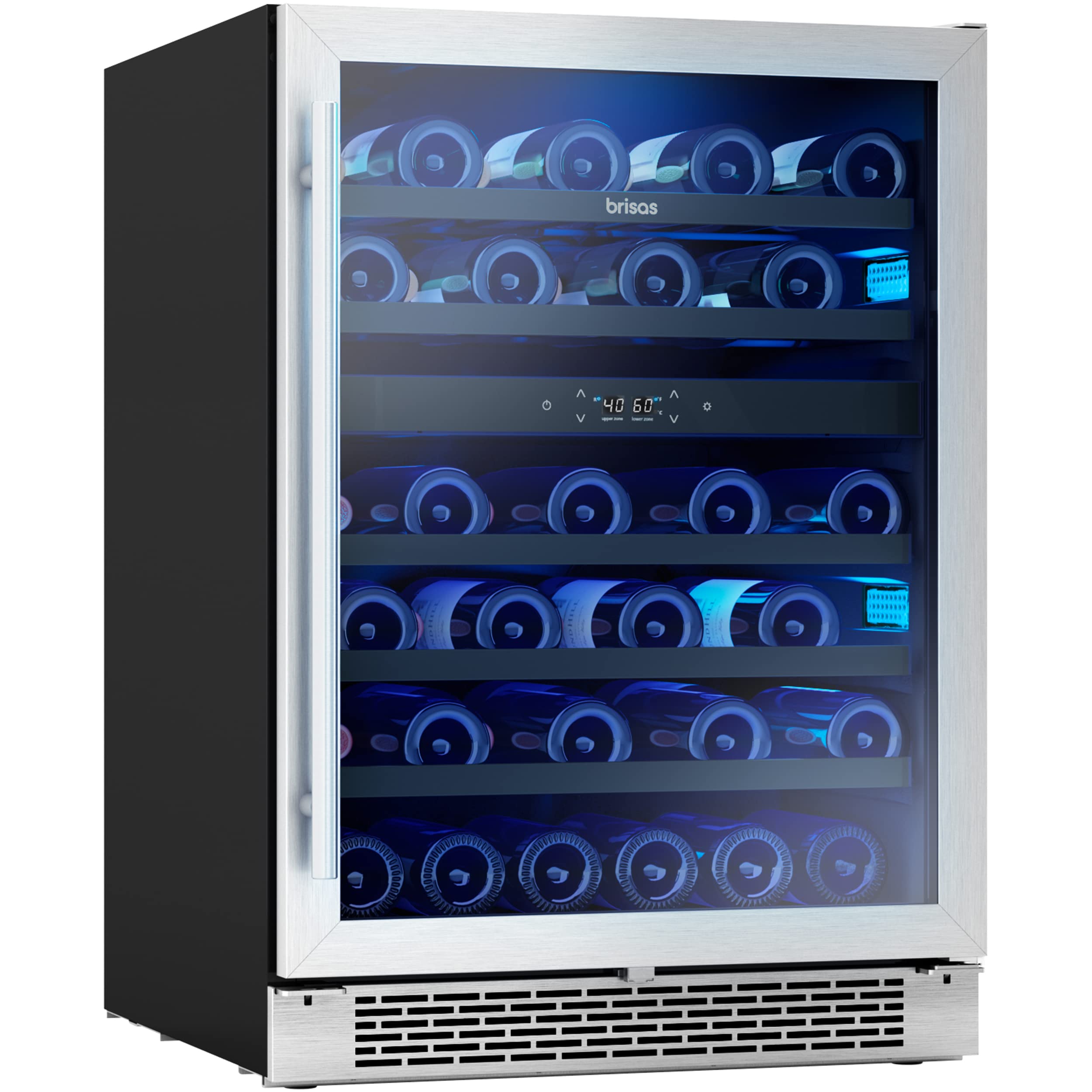 Zephyr Brisas 24 Inch Wine Fridge Dual Zone Under Counter - Low Noise Countertop Wine Cooler Cellars Cabinet Home Bar Freestanding Wine Refrigerator with Glass Door and Temp Control, 46 Bottles