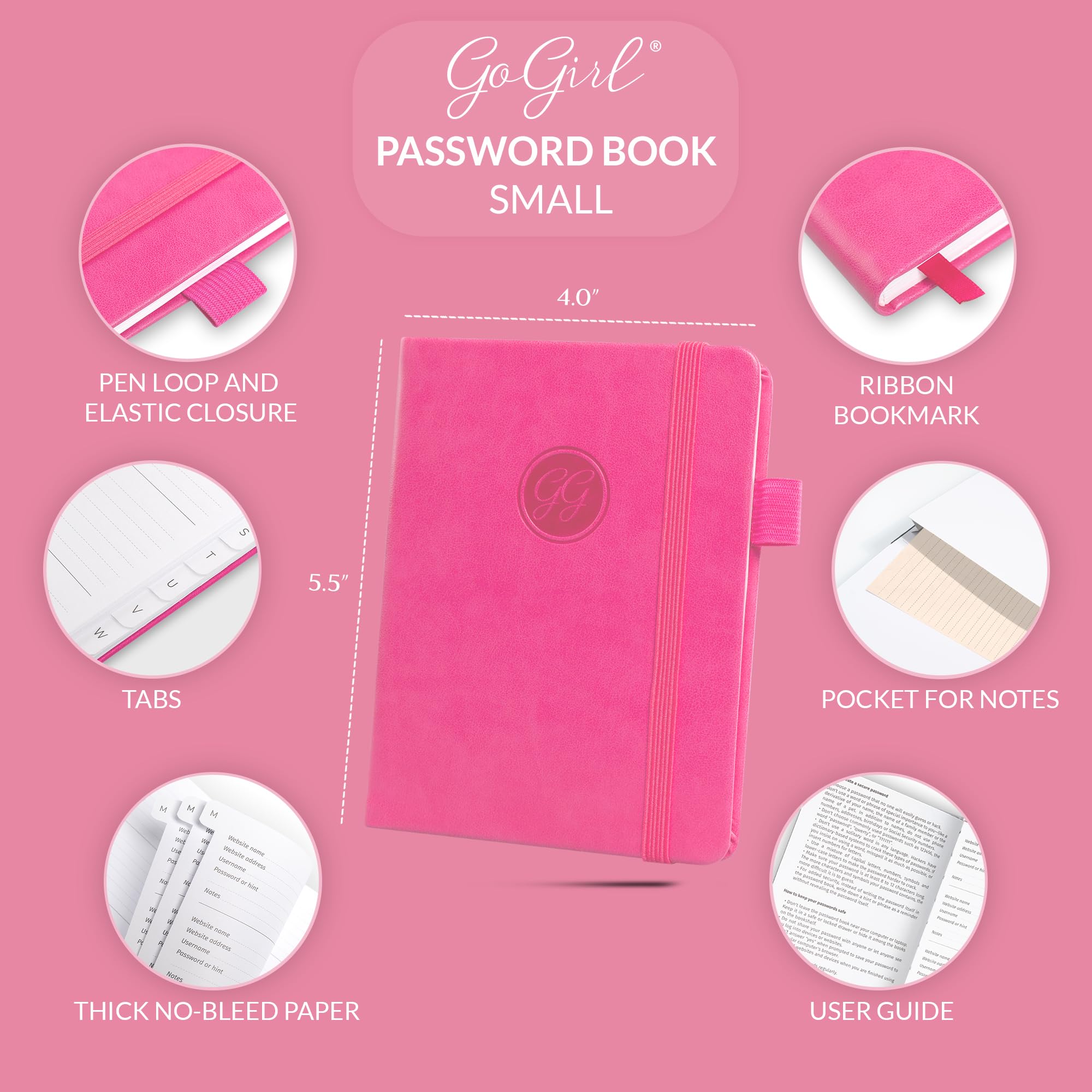GoGirl Password Book with Alphabetical tabs - Internet Address & Password Keeper Logbook for Password Organization. Journal Notebook for Saving Website Logins Pocket Size 4.0"x5.5", Hot Pink