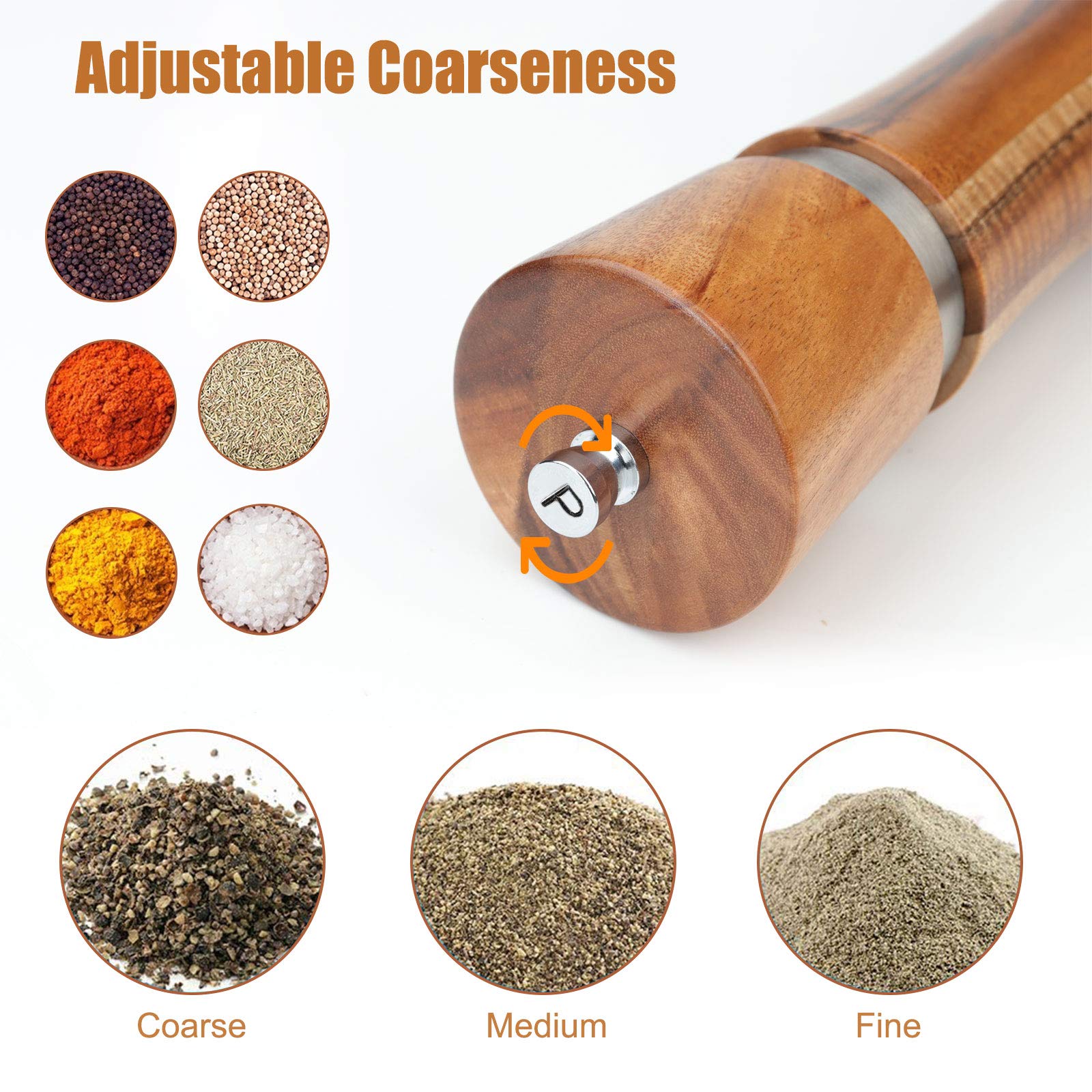 Pepper Grinder, VanlonPro Wooden Pepper Mill Salt Mill, Adjustable Coarseness Peppermill and easily refillable, Ceramic Grinding Mechanism (10 Inch, 2 Pack)