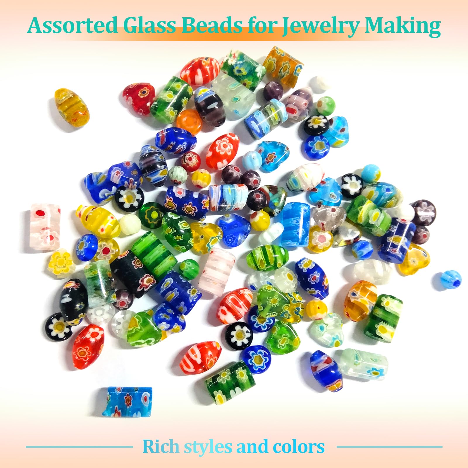 Hicarer 100 Pieces Assorted Glass Beads for Jewelry Making Adults, Large and Small Mixed Shaped Glass Beads Bulk for DIY Necklaces Bracelets, Crafting Supplies Kit