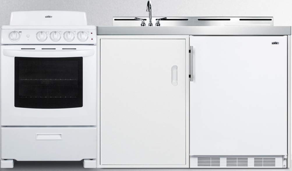 Summit Appliance ACK72COILW 72" Wide All-in-One Kitchenette with 220V 4-Element Electric Coil Range, Refrigerator-Freezer, Sink, Cutting Board and Cutlery Storage, and a Storage Cabinet