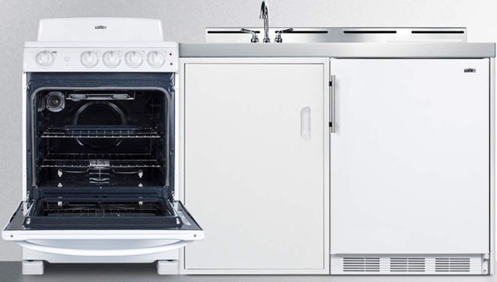 Summit Appliance ACK72COILW 72" Wide All-in-One Kitchenette with 220V 4-Element Electric Coil Range, Refrigerator-Freezer, Sink, Cutting Board and Cutlery Storage, and a Storage Cabinet