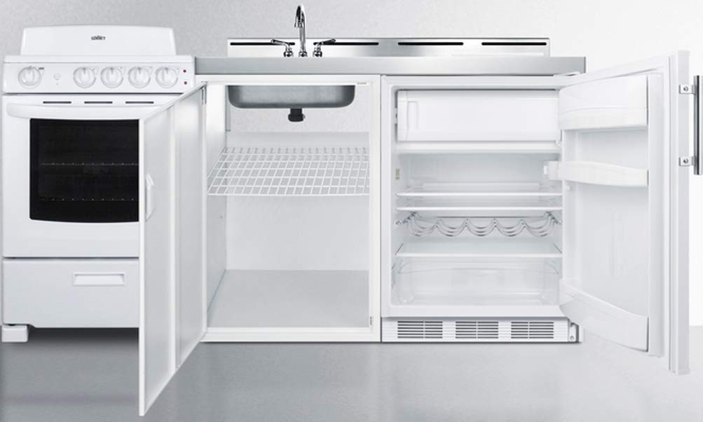 Summit Appliance ACK72COILW 72" Wide All-in-One Kitchenette with 220V 4-Element Electric Coil Range, Refrigerator-Freezer, Sink, Cutting Board and Cutlery Storage, and a Storage Cabinet