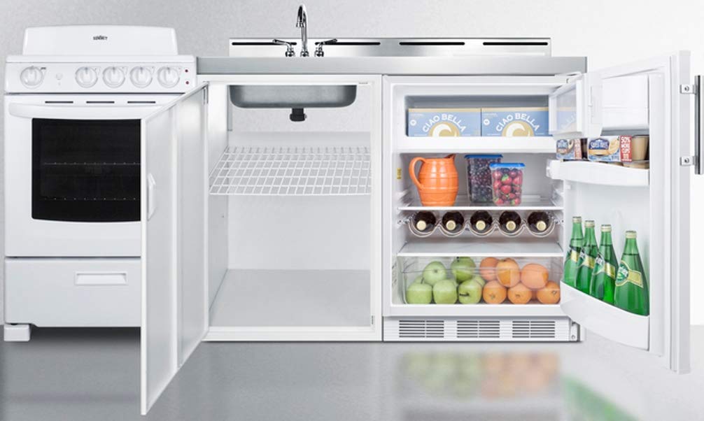 Summit Appliance ACK72COILW 72" Wide All-in-One Kitchenette with 220V 4-Element Electric Coil Range, Refrigerator-Freezer, Sink, Cutting Board and Cutlery Storage, and a Storage Cabinet