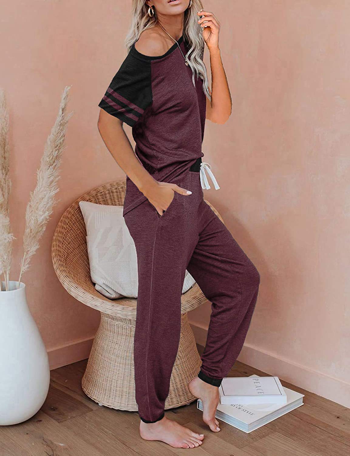 PRETTYGARDEN Women's Two Piece Outfits Jogger Sets Striped Short Sleeve Pullover and Long Pants Tracksuit Pajama Lounge Set(Wine Red,X-Large)