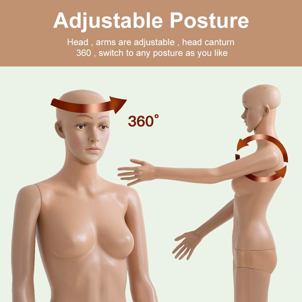 Dkeli Mannequin Torso Manikin Dress Form 69inch Female Realistic Full Body Display Head Arm Turns with Metal Base Plastic Adult Woman Adjustable Detachable Poseable Model Stand Dummy