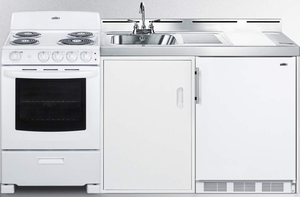 Summit Appliance ACK72COILW 72" Wide All-in-One Kitchenette with 220V 4-Element Electric Coil Range, Refrigerator-Freezer, Sink, Cutting Board and Cutlery Storage, and a Storage Cabinet