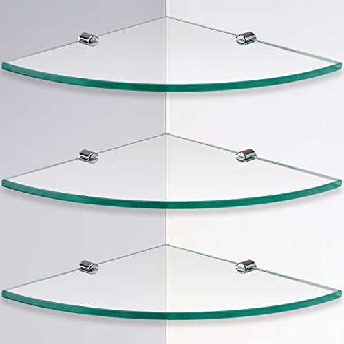 Kingrol 3 Pack Glass Bathroom Shower Shelves, Extra Thick Wall Mounted Shelves, Clear Floating Corner Shelves for Kitchen, Bathroom, Living Room, Office