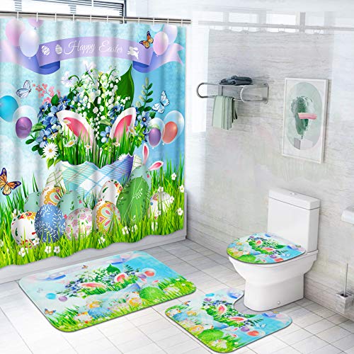 Ikfashoni 4 Pcs Easter Shower Curtain Set with Non-Slip Rugs, Toilet Lid Cover and Bath Mat, Spring Floral Shower Curtains with 12 Hooks, Rabbit Bunny Egg Shower Curtains for Bathroom