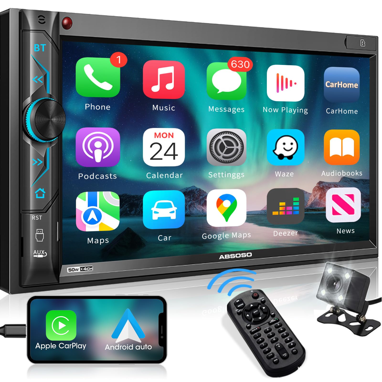 in-Dash Digital Media CarPlay Stereo - Double Din Android Auto Car Radio - 7 Inch HD Touchscreen Bluetooth Phone Link Backup Camera USB SD Aux-in AM FM Radio Wireless Remote Control