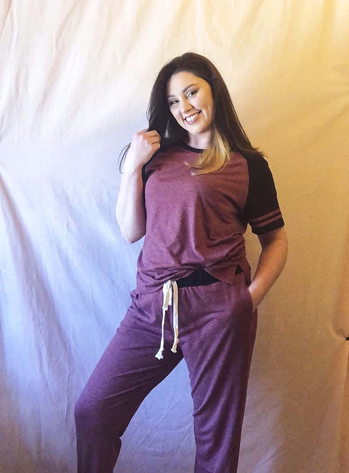 PRETTYGARDEN Women's Two Piece Outfits Jogger Sets Striped Short Sleeve Pullover and Long Pants Tracksuit Pajama Lounge Set(Wine Red,X-Large)