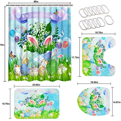 Ikfashoni 4 Pcs Easter Shower Curtain Set with Non-Slip Rugs, Toilet Lid Cover and Bath Mat, Spring Floral Shower Curtains with 12 Hooks, Rabbit Bunny Egg Shower Curtains for Bathroom
