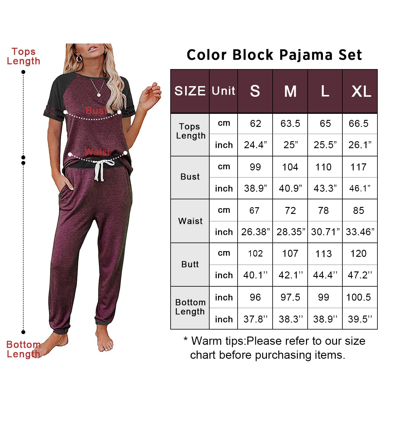 PRETTYGARDEN Women's Two Piece Outfits Jogger Sets Striped Short Sleeve Pullover and Long Pants Tracksuit Pajama Lounge Set(Wine Red,X-Large)
