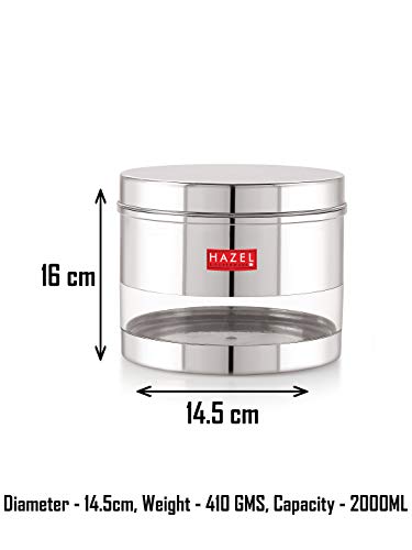 HAZEL Stainless Steel Containers Set For Kitchen Storage Transparent See Through Glossy Finish Storage Jars Dabba, Set of 5, 2000 ML Each, Silver
