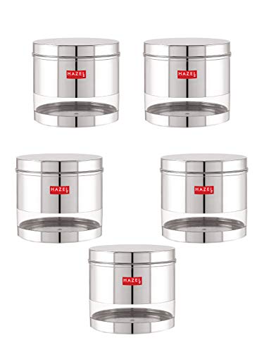 HAZEL Stainless Steel Containers Set For Kitchen Storage Transparent See Through Glossy Finish Storage Jars Dabba, Set of 5, 2000 ML Each, Silver