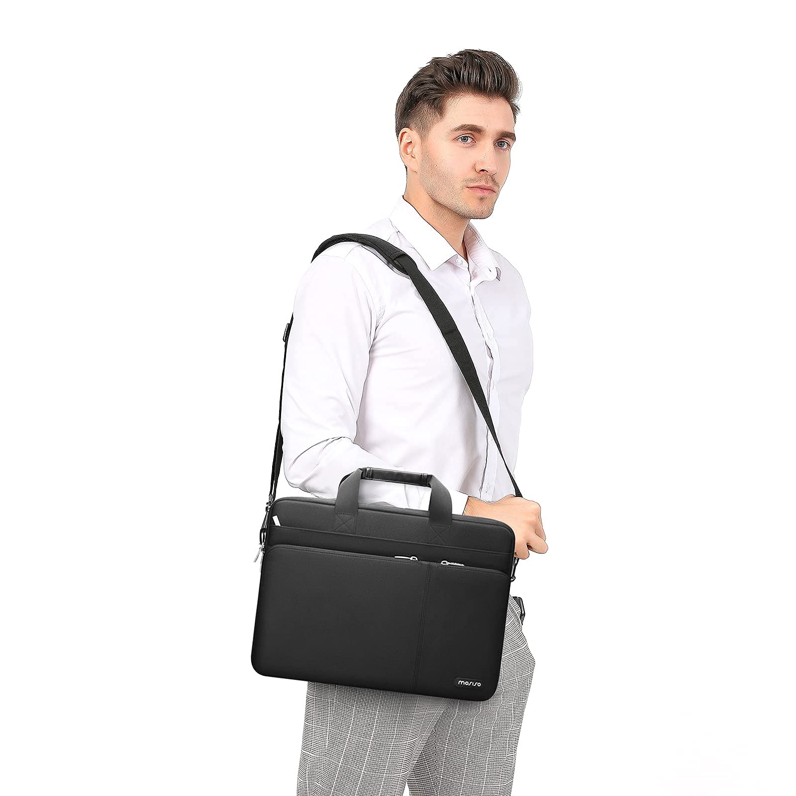 MOSISO 360 Protective Laptop Shoulder Bag Compatible with MacBook Air/Pro,13-13.3 inch Notebook,Compatible with MacBook Pro 14 inch 2021,Polyester Sleeve with 3 Front Pockets&Fix Handle&Belt,Black