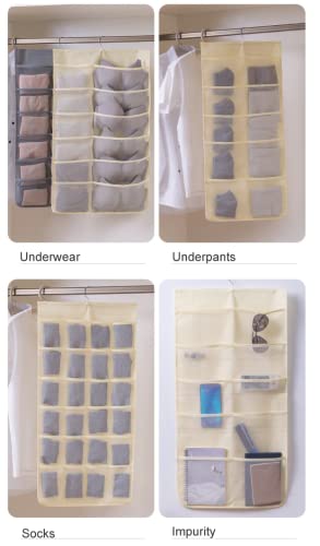 Hanging Bra Closet Organizer and Storage Pockets Wall Organizer 24 Pockets Enlarged Hanging Mesh Pockets Dual Sided Wall Closet Underwear,Bra,Socks,Accessories with Hanger (Beige)