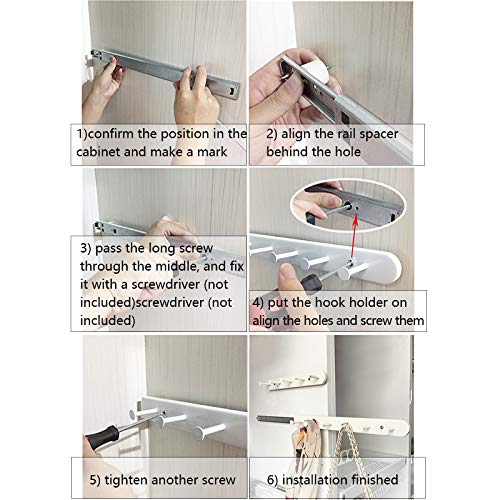 Kelendle Extendable Sliding Wardrobe Hook Rail with Hardware Pull Out Closet Rod Clothing Hanging Hooks Organizer for Home, Office, Hotel (5 Hooks)