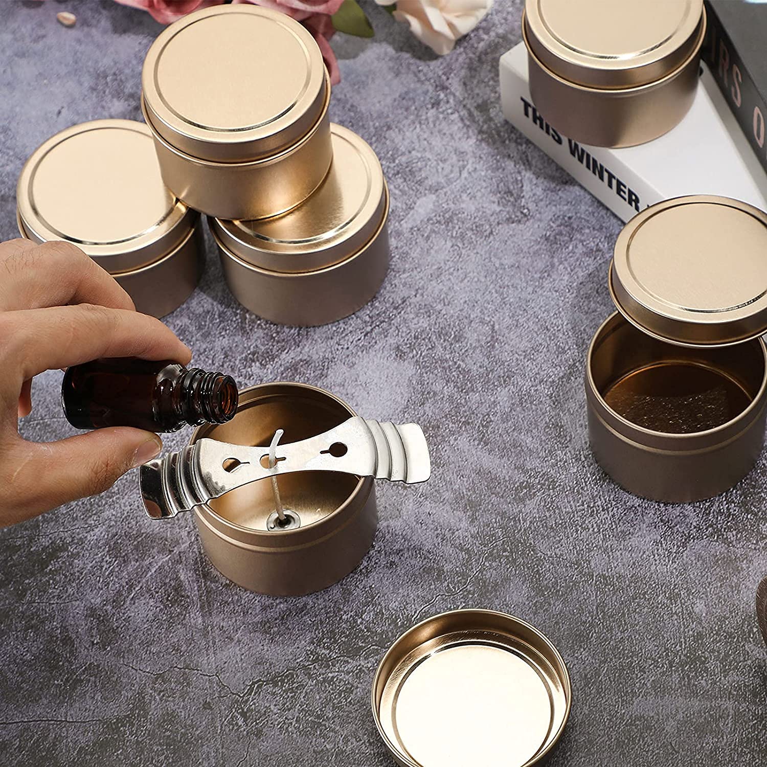 NRANSON Candle Jars with Lids for Candles Making, 48 Pack Empty Metal Candle Tins, DIY Candle Containers for Candle Making, Arts & Crafts, Storage & More (8OZ, Rose Gold)
