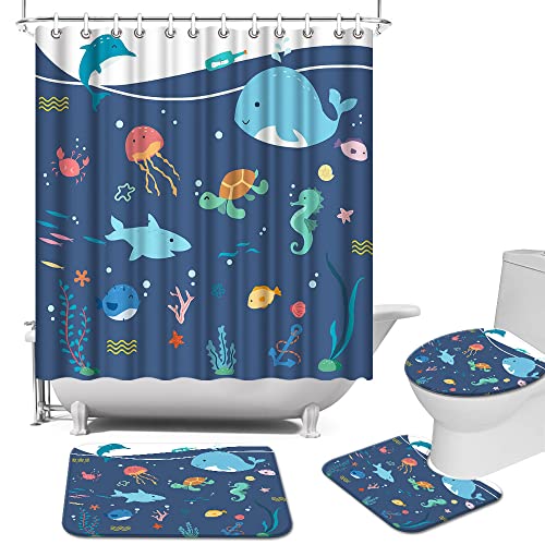 AtGoWac 4 Piece Blue Ocean Fish Shower Curtain Sets with Rugs, Lovely Cartoon Undersea World Shower Curtains, Kids Children Bathroom Decor Set