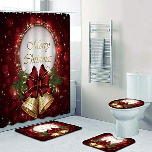 4Pcs/Set Christmas Shower Curtain Waterproof Polyester Bath Curtain Non-Slip Pedestal Rugs Toilet Lid Cover and Bath Mat Set with 12 Hooks Home Bathroom Decor Xmas