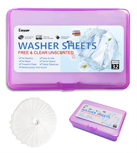 Enyur Unscented Travel Laundry Detergent Sheets/Concentrated Travel Laundry Soap/Travel Size Detergent Fragrance Free 32 Loads / 1 Pack