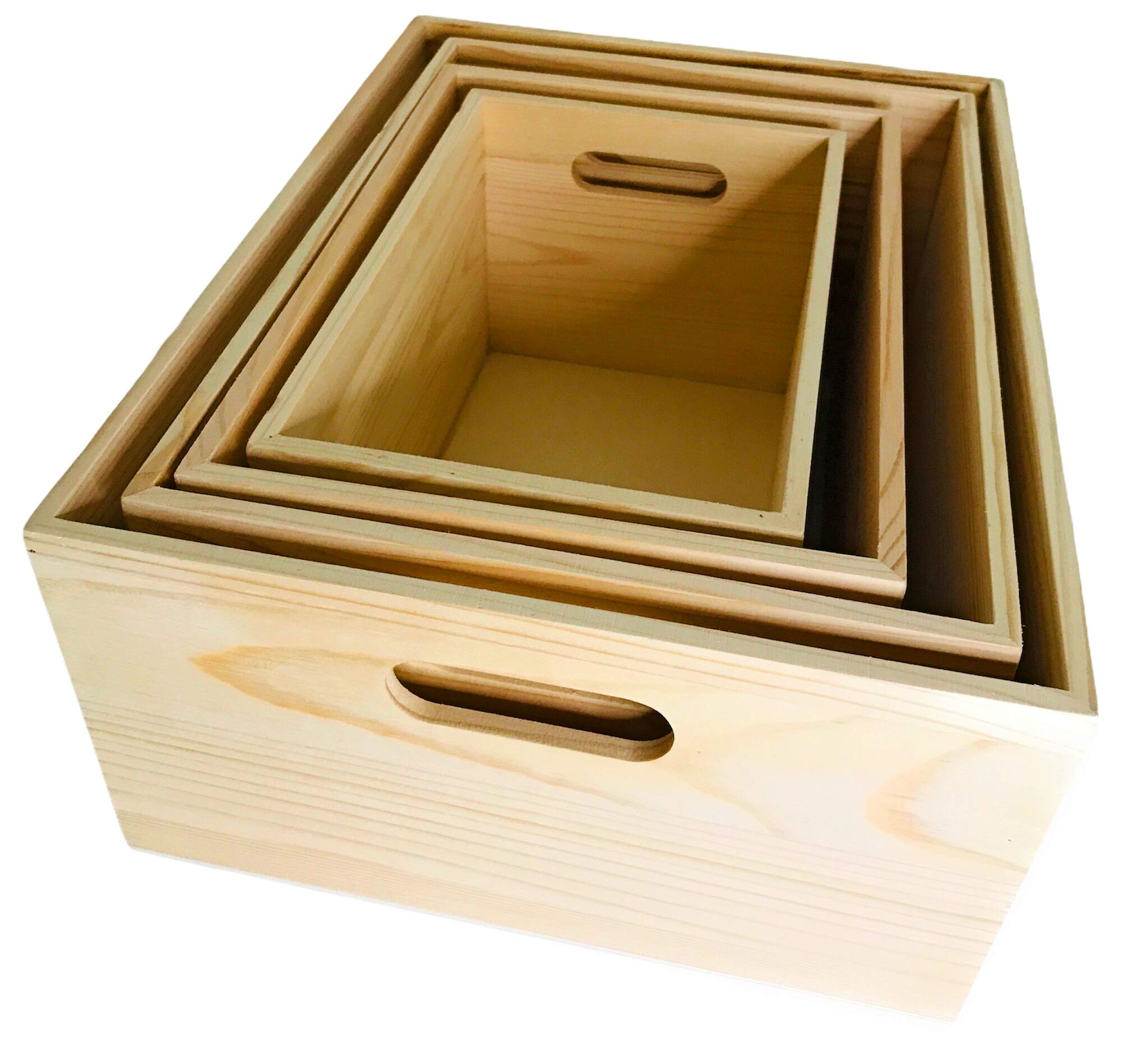 Oojami 4 Pack Unfinished Wooden Crates with Cutout Handles – DIY Nesting Wood Boxes for Storage, Home Organization & Display – Rustic Wooden Storage Crates for Crafting, Décor, Shelves & More