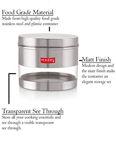 HAZEL Stainless Steel Containers Set For Kitchen Storage Transparent See Through Matt Finish Storage Jars Dabba, Set of 6, 2000 ML Each, Silver