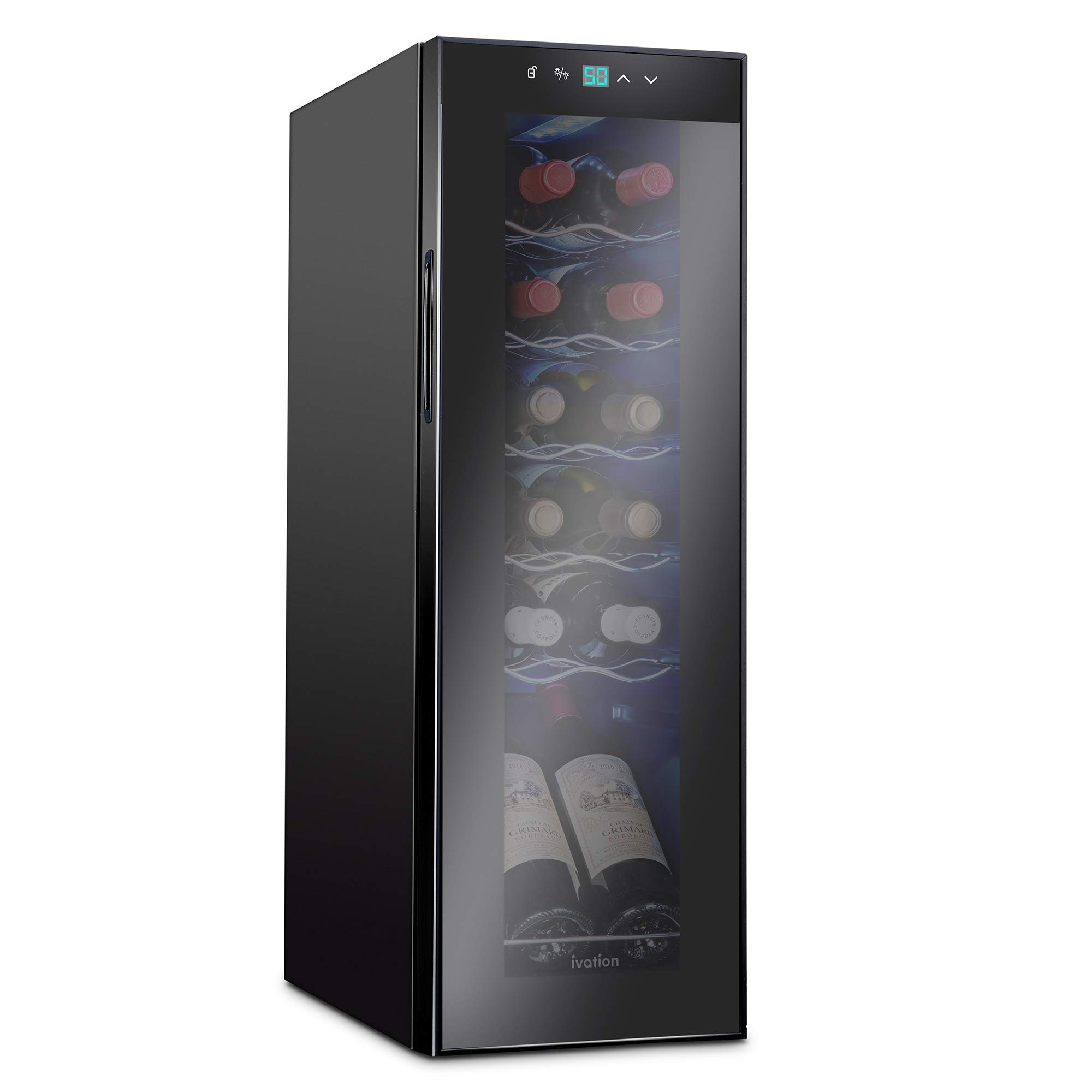 Ivation 12 Bottle Compressor Wine Cooler Refrigerator | Large Freestanding Wine Cellar For Red, White, Champagne or Sparkling Wine | 41f-64f Digital Temperature Control Fridge Glass Door Black