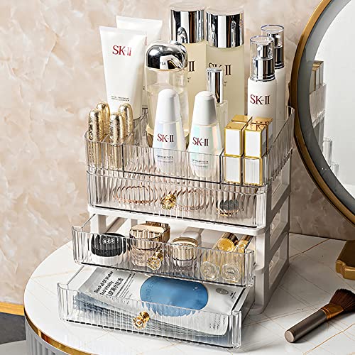 KchThass Acrylic Makeup Organizer with 3 Drawers,Cosmetic Display Cases for Vanity,Skincare Organizers Countertop,Desk Storage Holder for Perfume,Lotion,Lipstick,Brushe,Nail Polish(4-Layer,Clear)