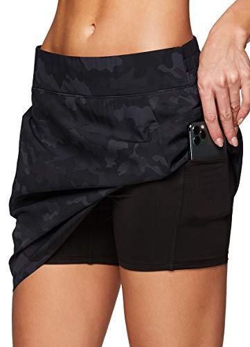 RBX Active Fashion Camo Skort for Women, Quick Drying Flat-Front Woven Running/Tennis/Golf/Pickleball Skort with Zipper Pocket S21 Black Camo M