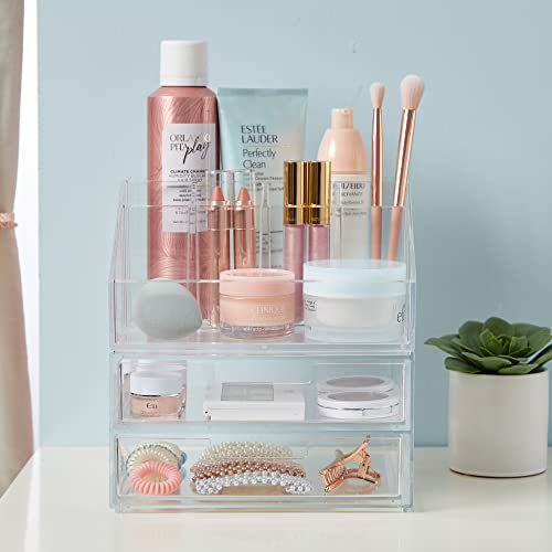 STORi Chloe Stackable Clear Makeup Holder and Double Organizer Drawer Set | Organize Cosmetics and Beauty Supplies | Made in USA