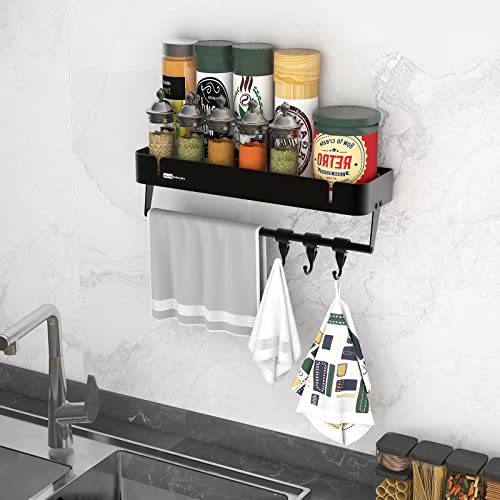 RCHYFEED 15.6”Shower Caddy with Towel Bar, Shower Organizer Adhesive,Metal Rustproof Bathroom Shower Shelf Rack with Hook, Drilling-Free Self Adhesive Storage Shelf for Bathroom & Kitchen(Black)