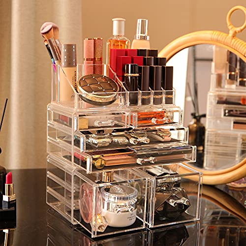 Cq acrylic Makeup Organizer Skin Care Large Clear Cosmetic Display Cases Stackable Storage Box With 6 Drawers For Vanity,Set of 3