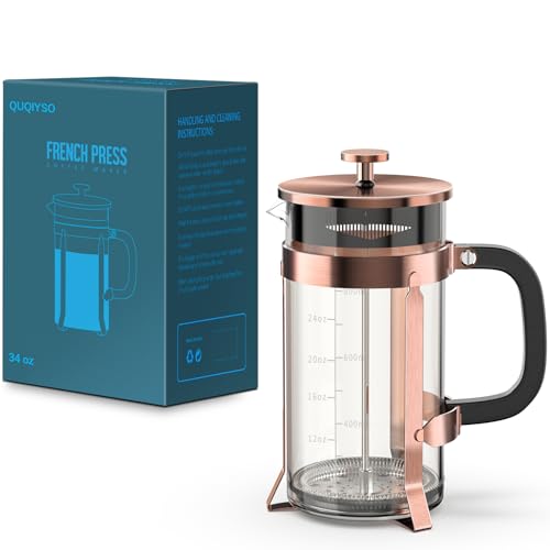 QUQIYSO French Press Coffee Maker 34oz 304 Stainless Steel with 4 Filter, Heat Resistant Durable, Easy to Clean, Borosilicate Glass Press, 100% BPA Free Teapot (Copper)