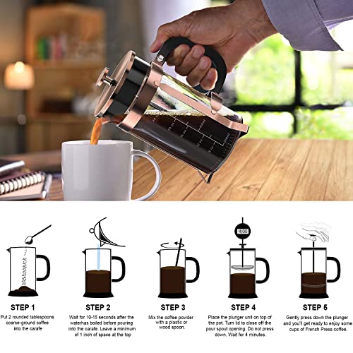 QUQIYSO French Press Coffee Maker 34oz 304 Stainless Steel with 4 Filter, Heat Resistant Durable, Easy to Clean, Borosilicate Glass Press, 100% BPA Free Teapot (Copper)