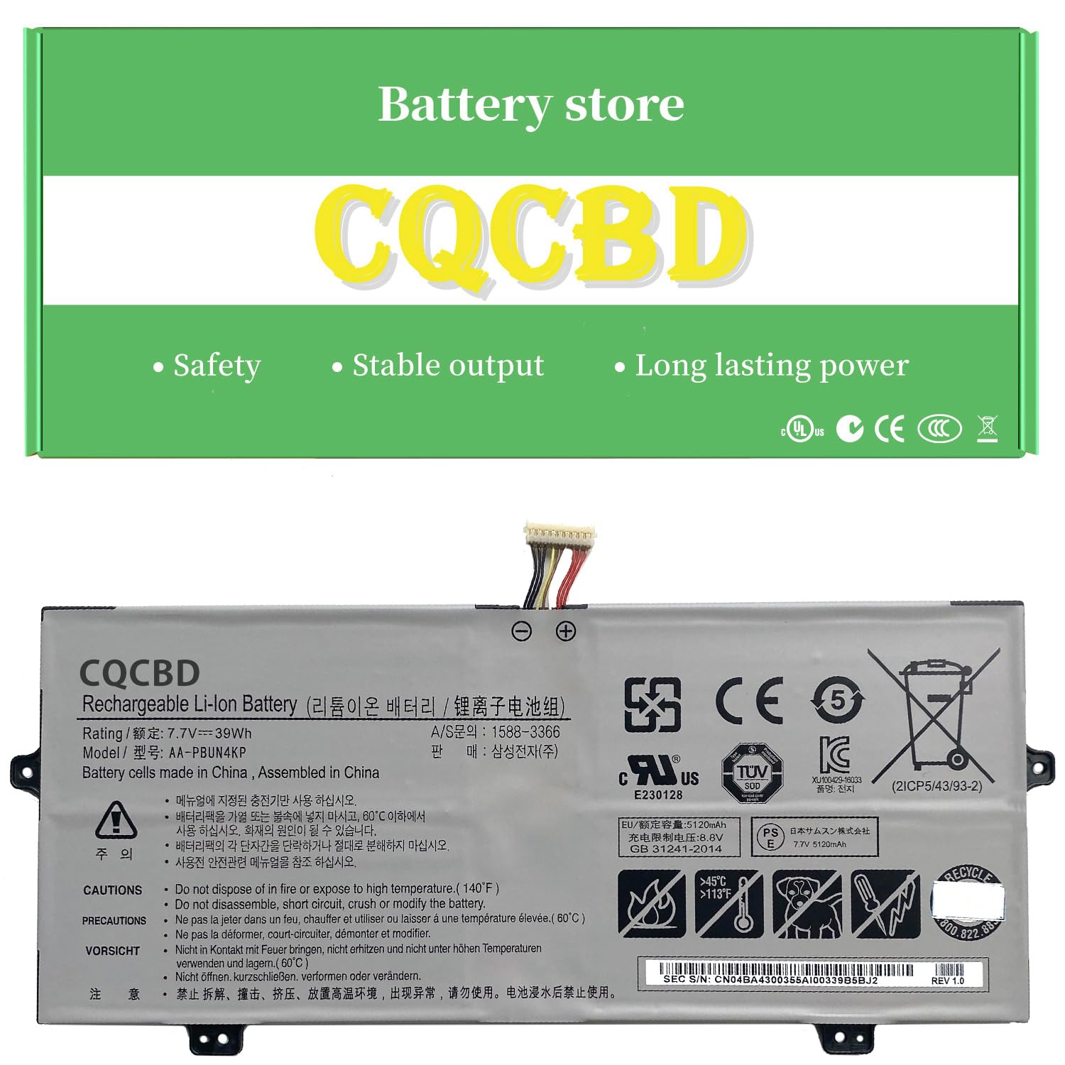 CQCQ AA-PBUN4KP Battery for Samsung Notebook 9 Pen 930QAA 930QBE NP930QAA 930QAA-K716 NP930QAA-K04 930QAA-K01 930QAA-K716 NT930QBE NT930QBV NP930QAA-K01C Series Notebook (7.7V 39Wh/5120mAh)